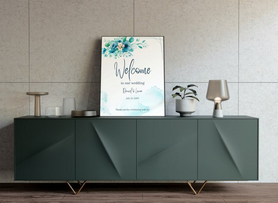 Welcome Sign Blue Flowers in Watercolor | Etsy