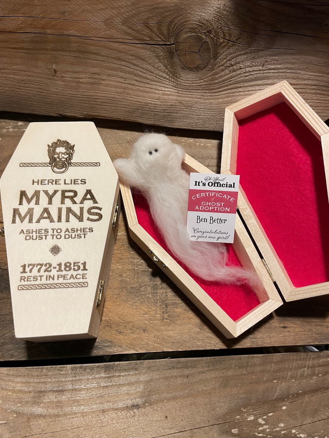 Adopt-a-ghost | Needle Felt Ghost | Wood Burned Coffin | Pet Ghost ...