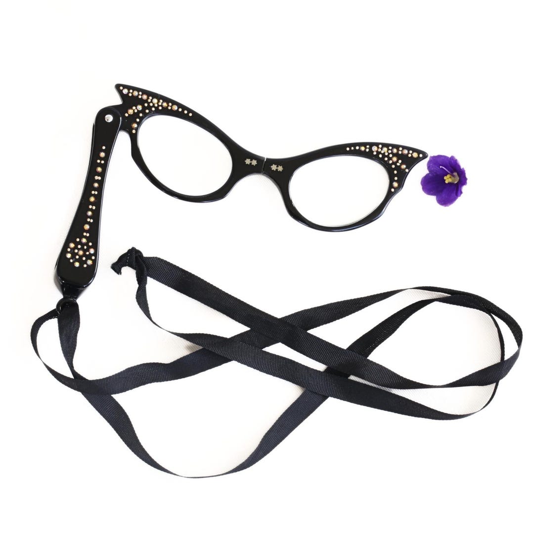 Vintage Reading Glasses Cat's Eye Folding Lorgnettes, Black Lacquered ...