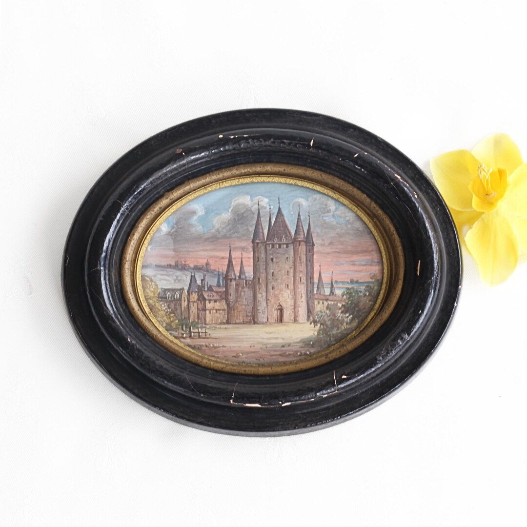 Antique French Miniature Painting Medieval Castle Landscape ...