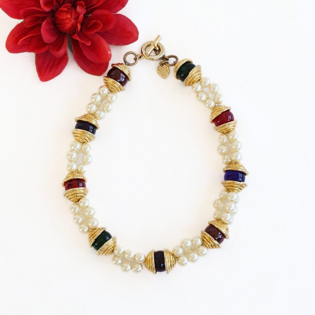 Vintage Rambaud Goldplated and Faux Pearl Glass Jeweled Choker Necklace ...