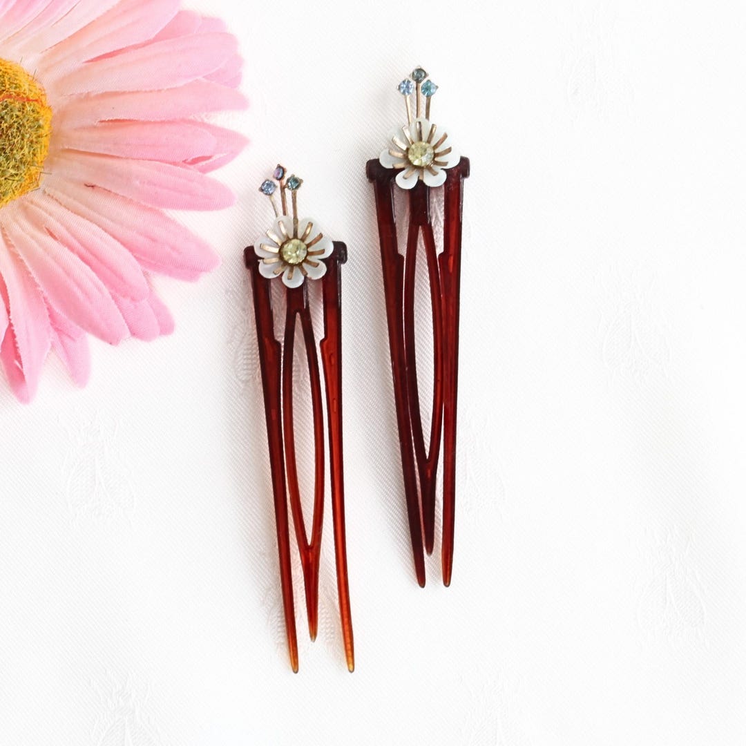 Vintage Decorative Hair Pins With White Flowers and Blue Rhinestones - Etsy