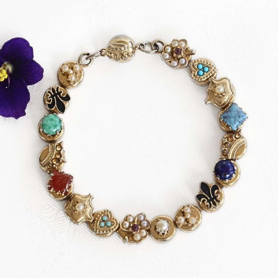 Vintage Slide Bracelet, Gold Plated, With Multicolored Stones and ...
