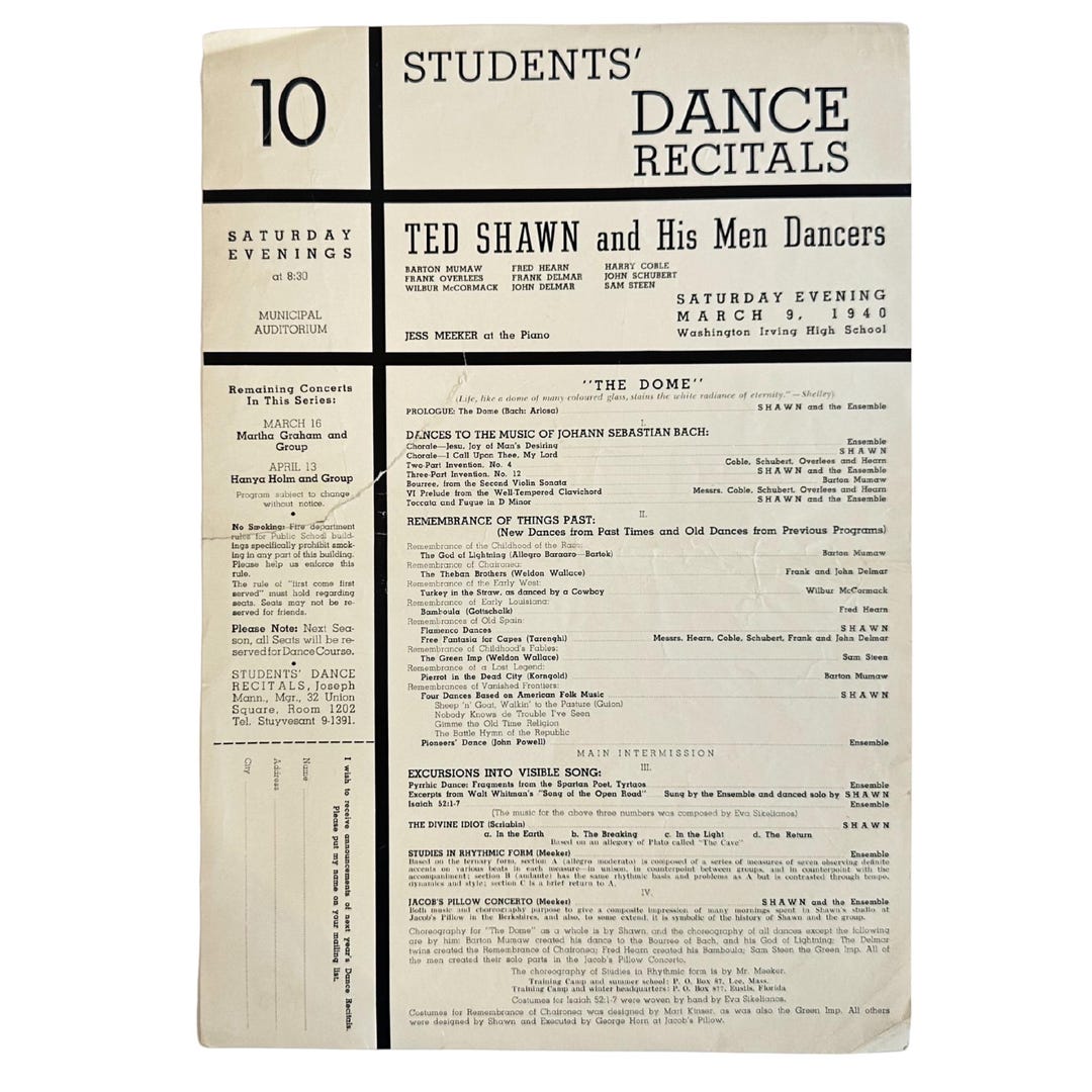Ted Shawn and His Men Dancers 1940 Performance Program, Washington ...