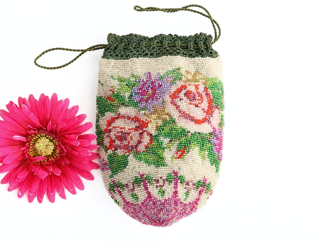 Antique Victorian Drawstring Purse Reticule, Microbeaded Floral, Newly ...