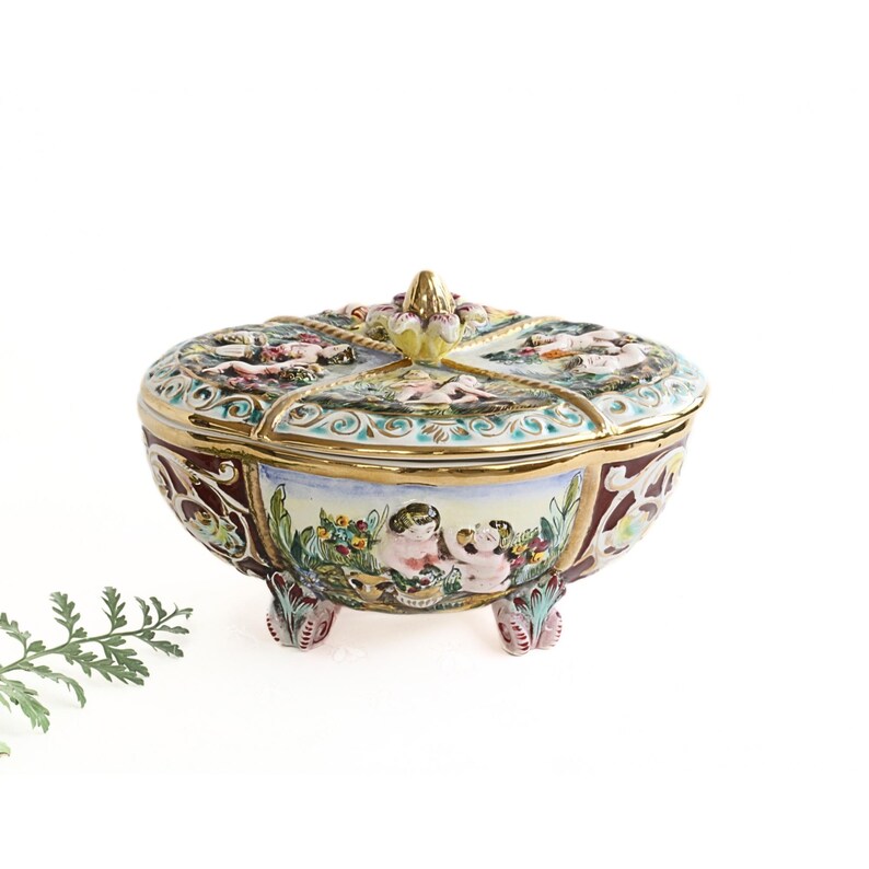 Antique Capodimonte Italian Porcelain Covered Bowl, Candy Dish, Gilt ...