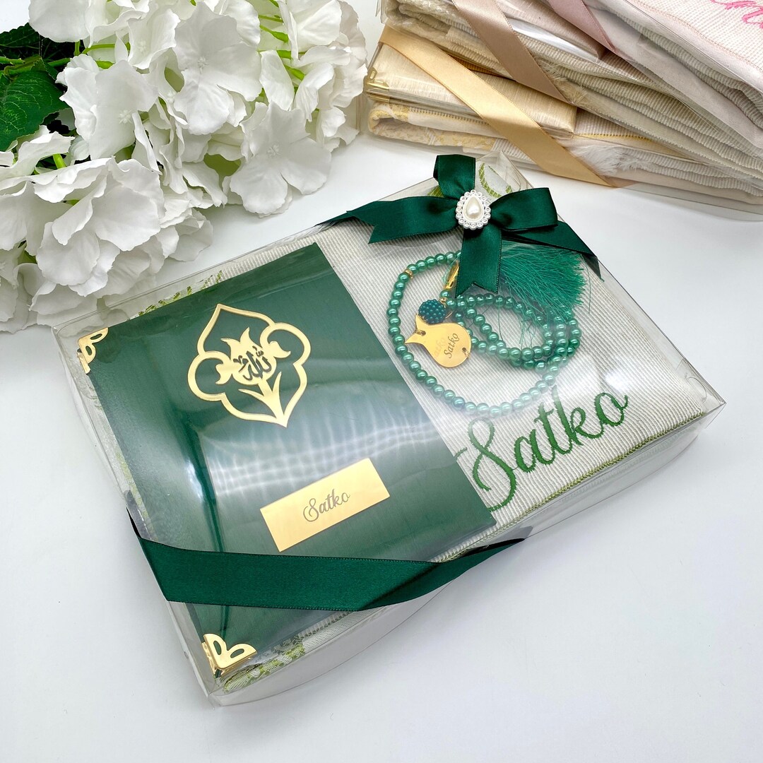 Green Prayer Mat Gift Box, Personalized Muslim Prayer Set, Muslim ...