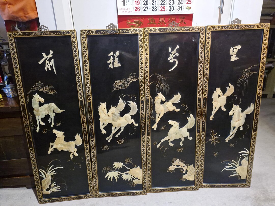 Old Set of Chinese Shells Decorated Horses and Flowers Panels 4pcs ...