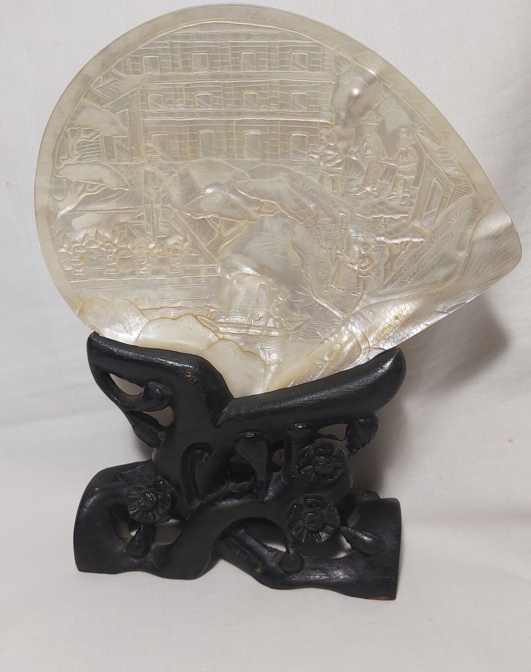 Antique 19th Century China Hand Carved Shell on Wooden Stand H20cm ...