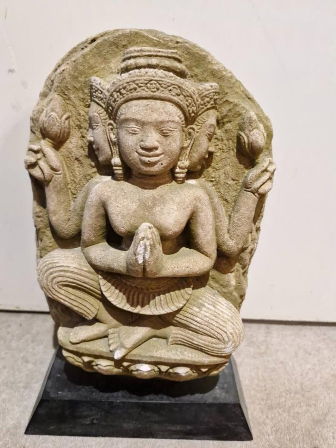 Antique Khmer Sandstone Statue of Trimukha Buddha – Three-headed ...