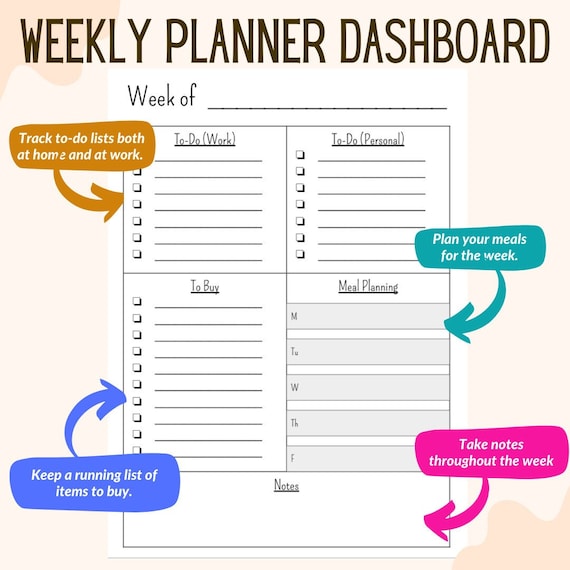 Weekly Planner Dashboard Printable Download PDF | Etsy