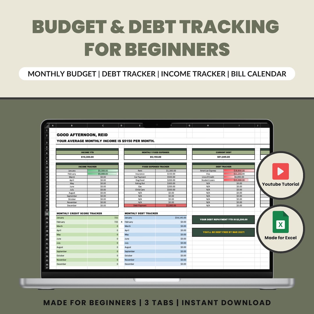 Monthly Annual Budget & Debt Payoff Tracker, Excel Spreadsheets ...