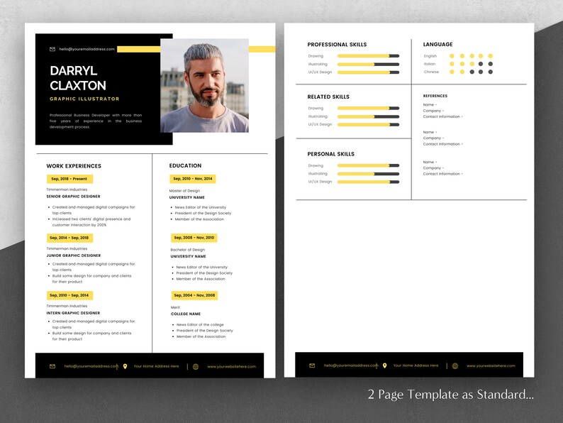 Black & Yellow Resume Template, Professional Modern Resume Template for ...
