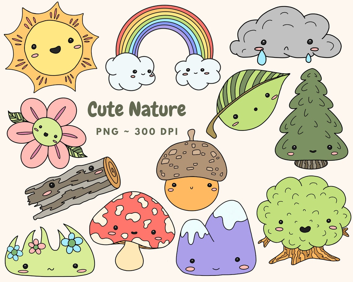Cute Nature Clip Art Digital Download, Woodland, Weather, Kawaii Clip ...