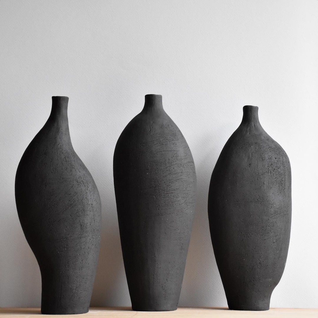 Set of 3 Black Ceramic Vases, Modern Ceramic Vase, Handmade Ceramic V ...