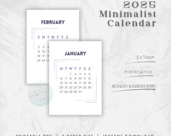 2025 Calendar Printable | Mini Calendar 2025 | Monthly Calendar 2025 ...