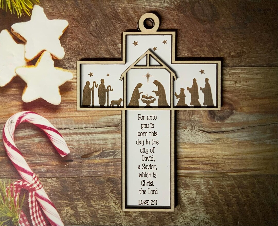 Laser Nativity Cross Christmas Ornament – Religious Ornament With Luke 2:11 Scripture, Manger ...