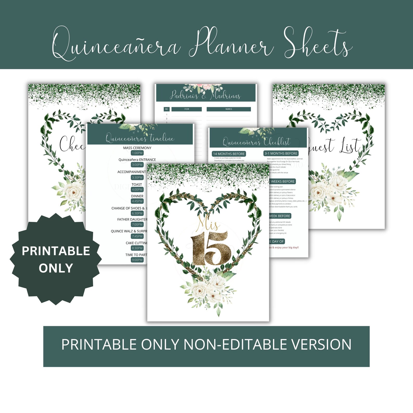 Quinceañera Planner Printable ONLY, Emerald Green Mis XV Años US Letter ...