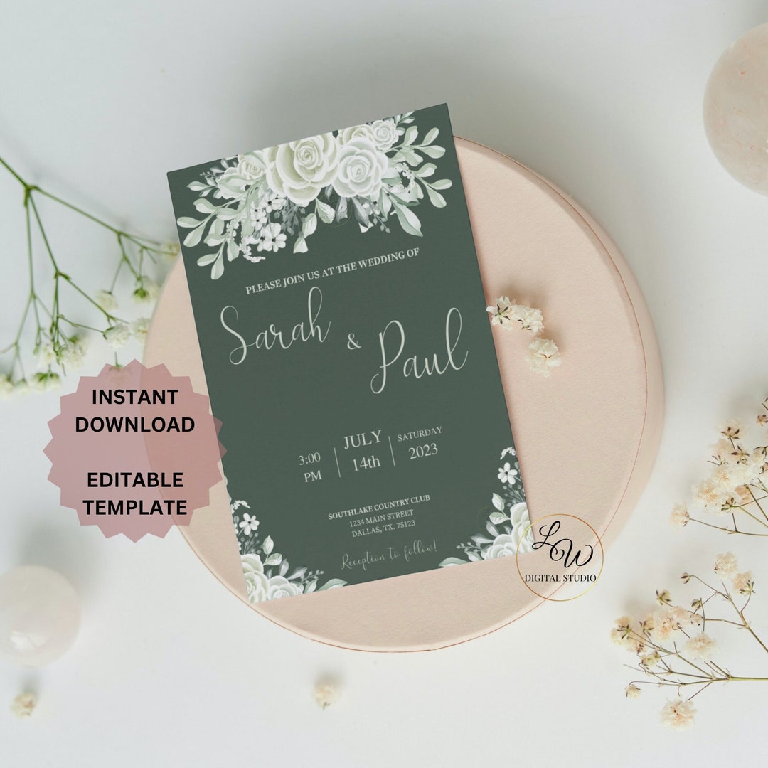 Sage Green Wedding Invitation Template, Wedding Invite With White ...