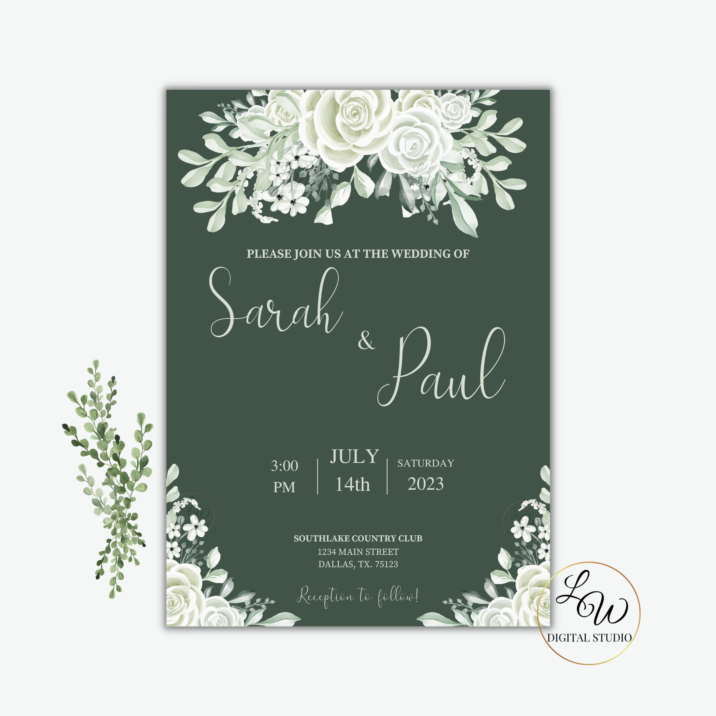 Sage Green Wedding Invitation Template, Wedding Invite With White ...
