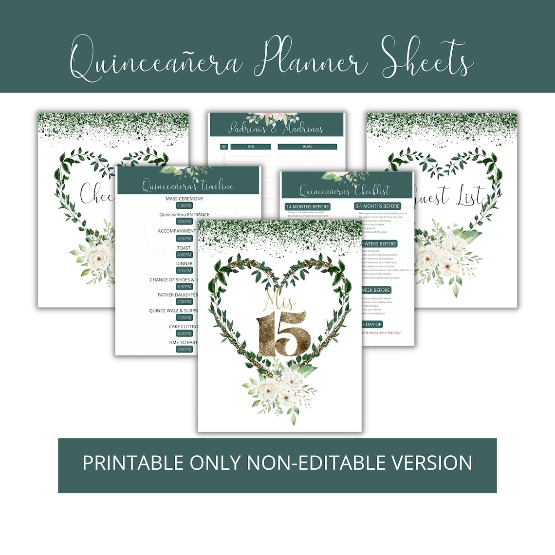 Quinceañera Planner Printable ONLY, Emerald Green Mis XV Años US Letter ...