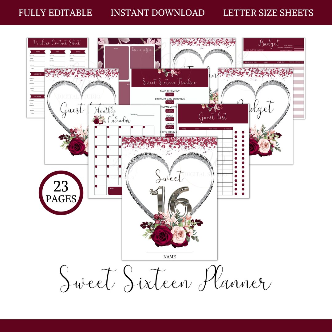 Sweet Sixteen Printable Planner , Sweet 16 US Letter Worksheets ...