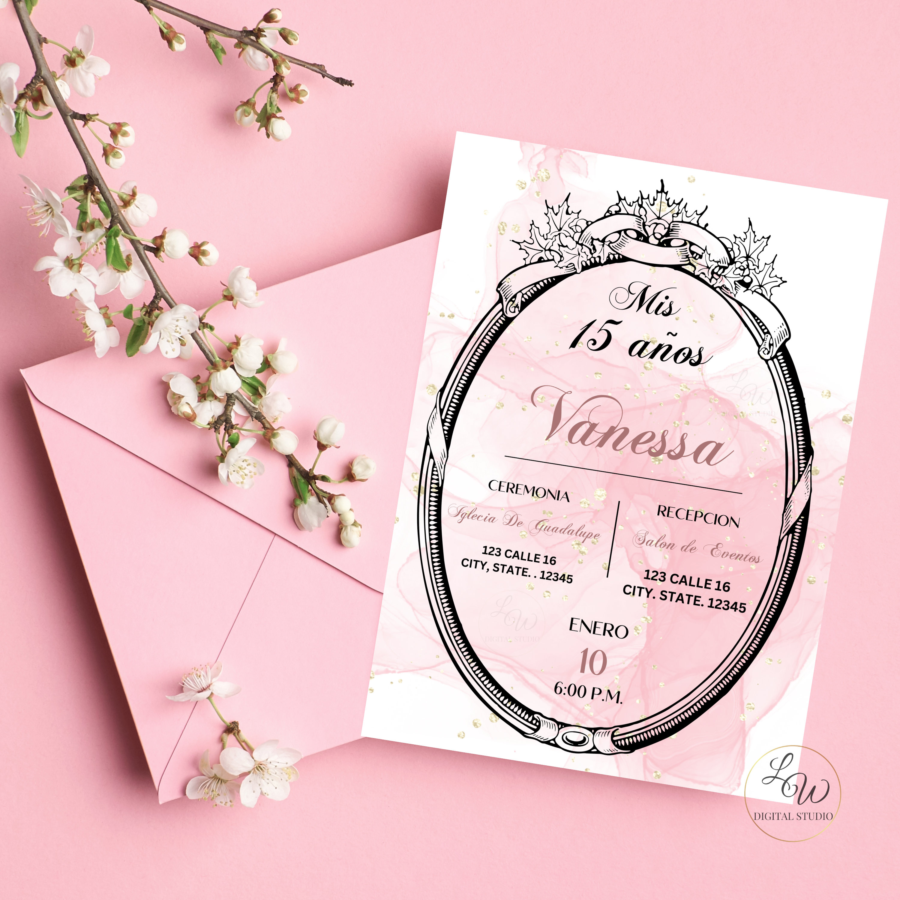 Quinceañera Mirror Invitation, Oval 15 Invitation Template for Beauty ...