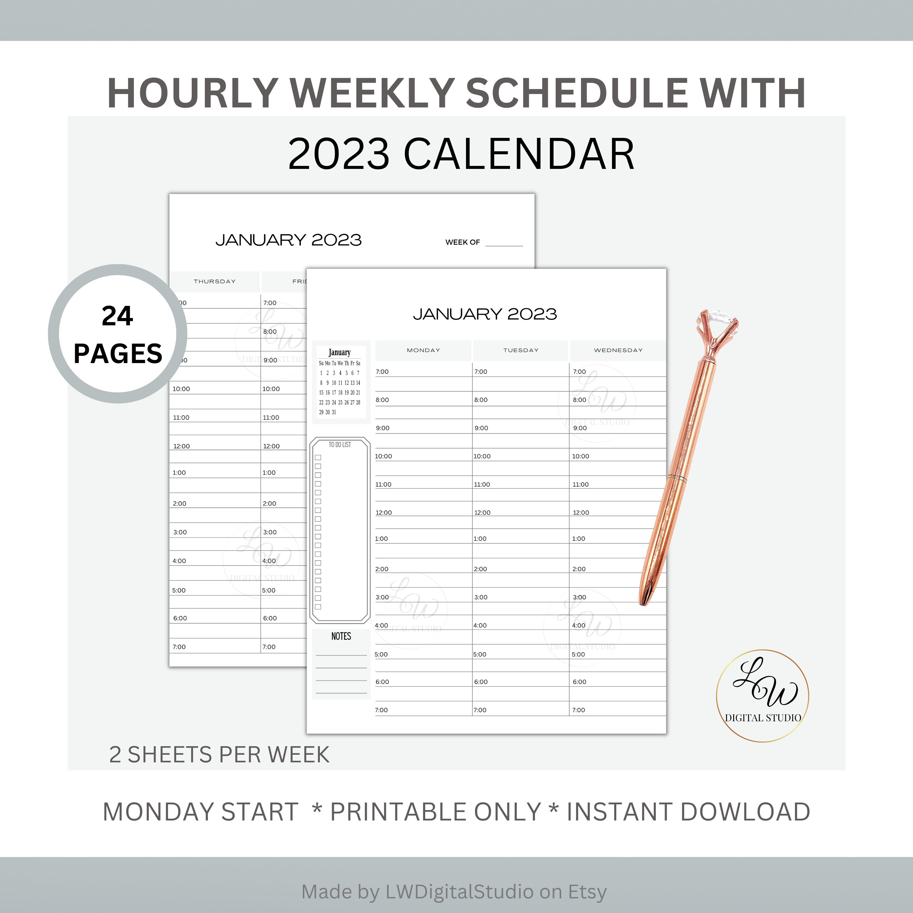 2023 Printable Weekly Hourly Schedule /2023 Calendar /pdf Schedule ...