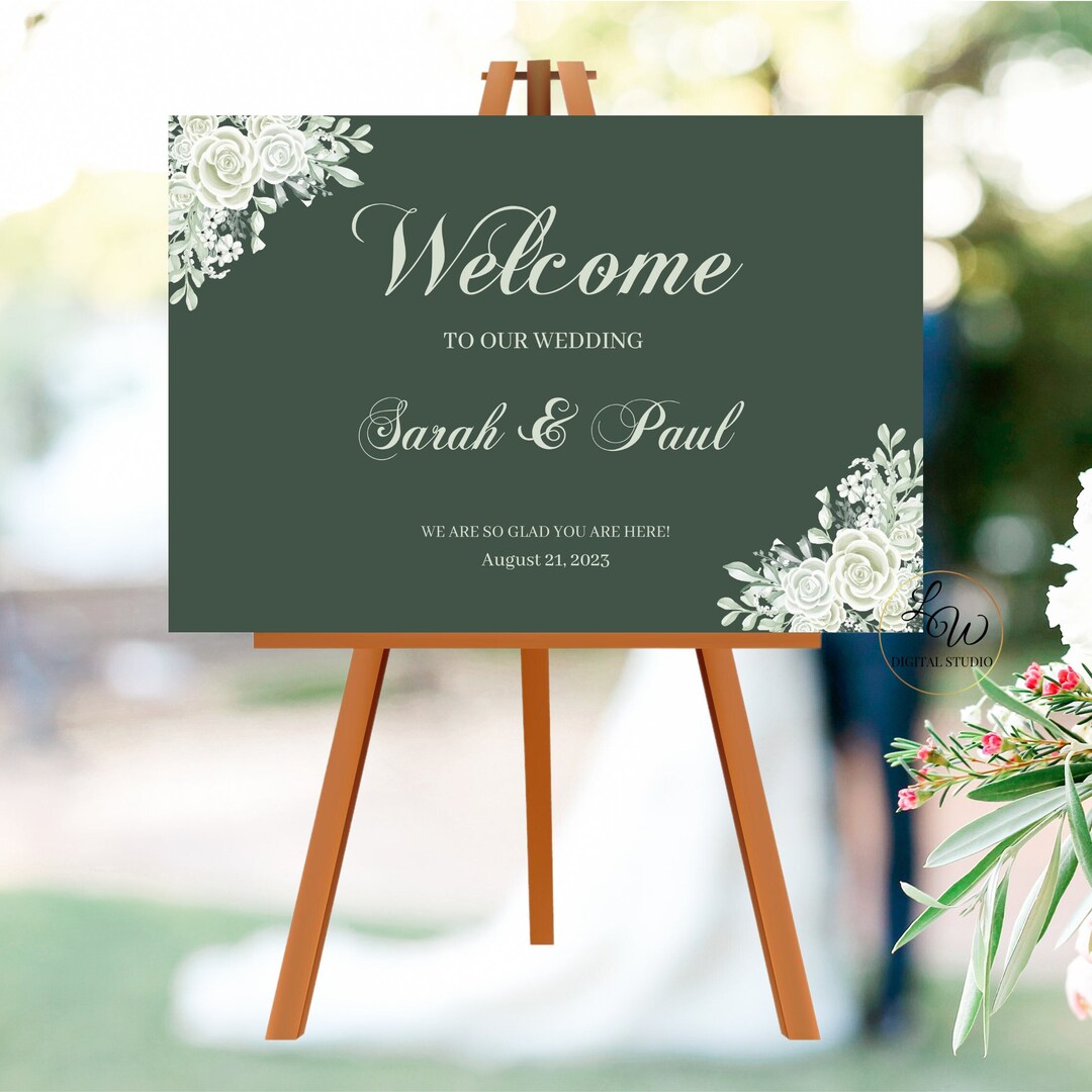 Sage Green Welcome Sign Template With Watercolor White Flowers, Floral ...