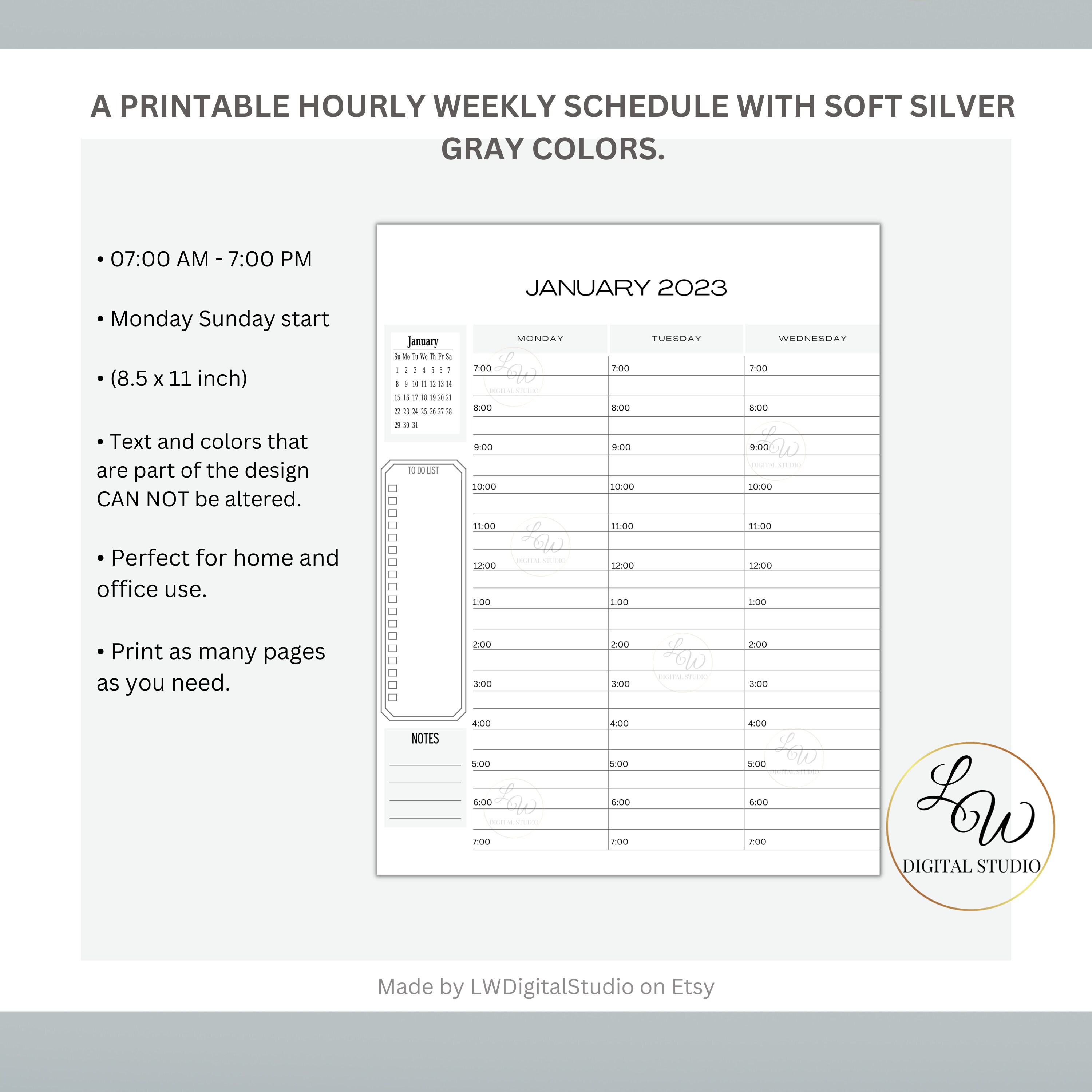 2023 Printable Weekly Hourly Schedule /2023 Calendar /pdf Schedule ...
