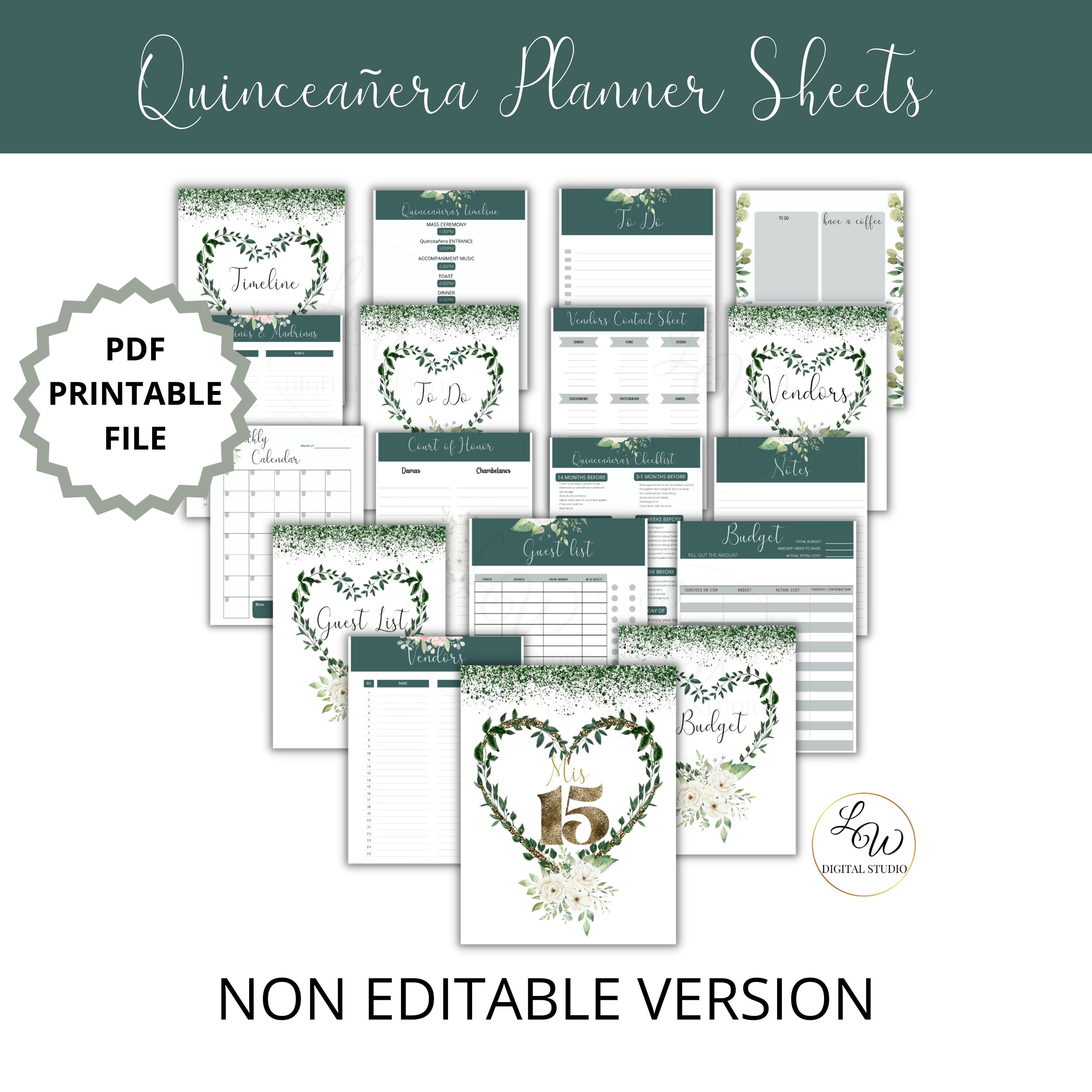 Quinceañera Planner Printable ONLY, Emerald Green Mis XV Años US Letter ...