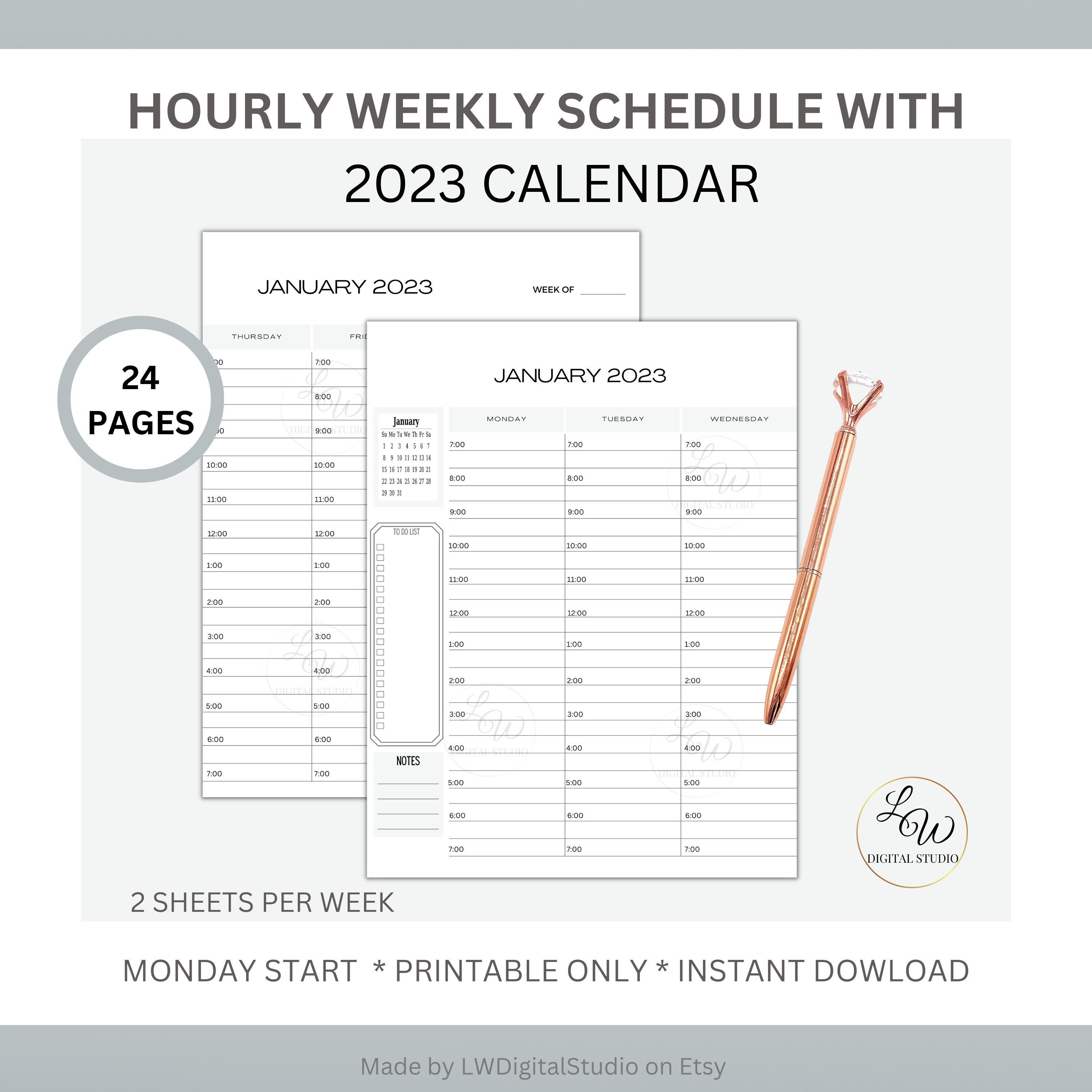 2023 Printable Weekly Hourly Schedule /2023 Calendar /pdf Schedule ...