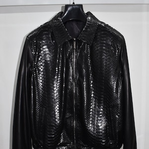 Men's Black Python Leather and Lambskin Combination Exotic Snake Skin ...