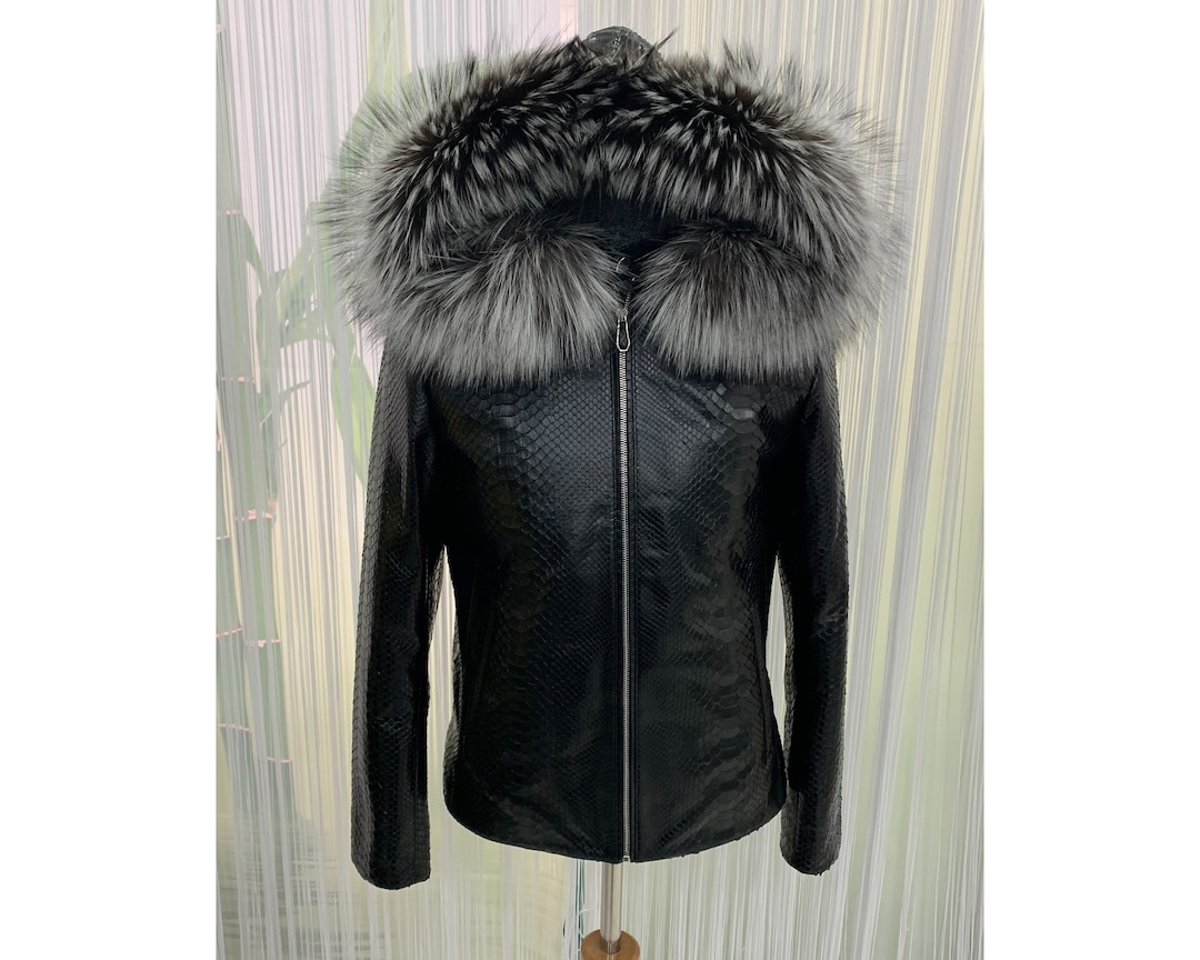 Genuine Python Leather Removable Real Fox Fur Hooded Handmade Jacket ...