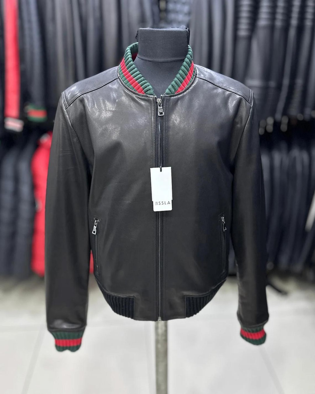 Men's Red Green Italian Colors Black Textured Genuine Leather Bomber ...
