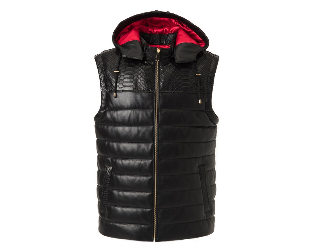Men's Genuine Python Leather Trim Premium Lambskin Hooded Waistcoat ...
