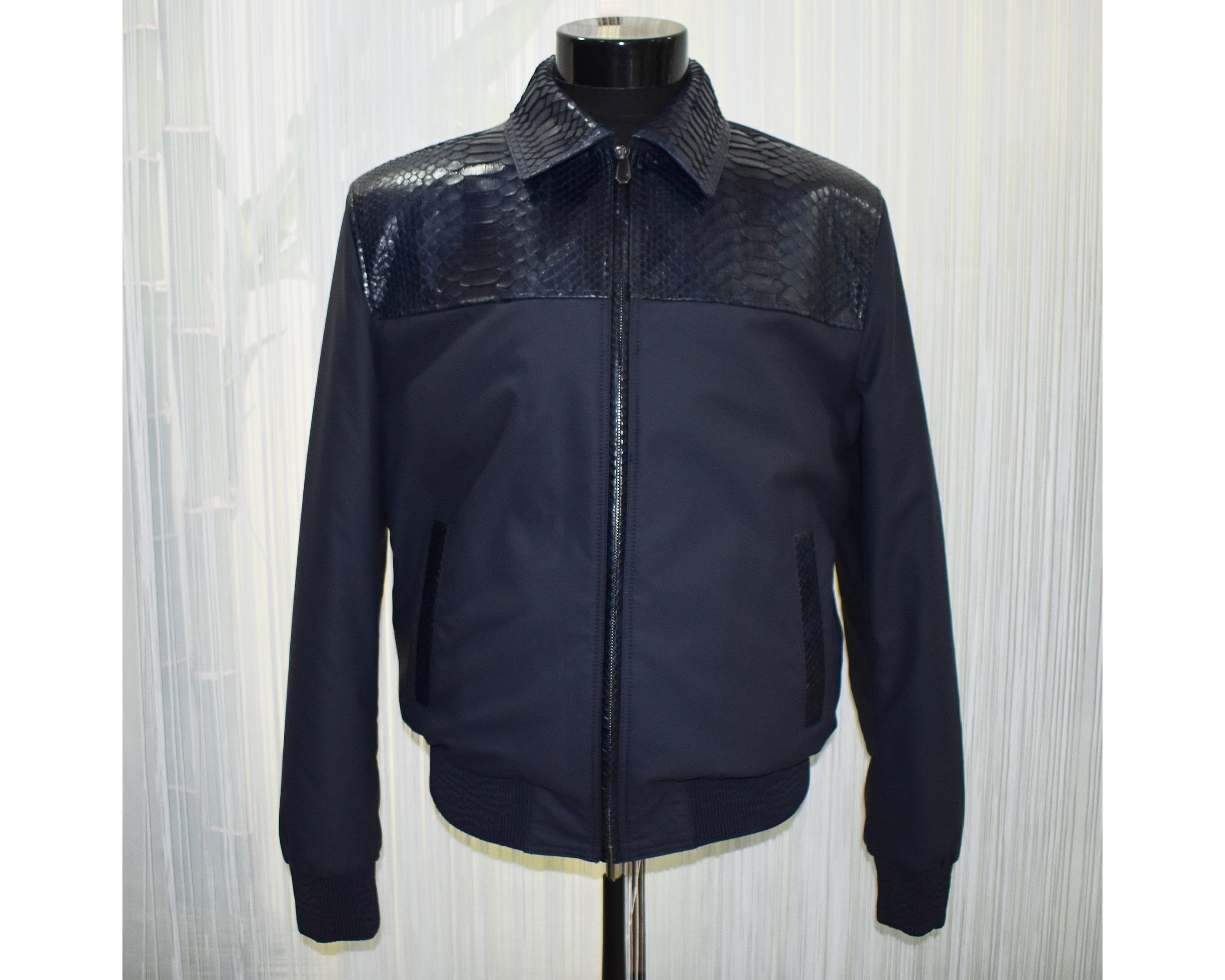 Men's Real Python Leather Trim Waterproof Fabric Luxury Bomber Jacket ...