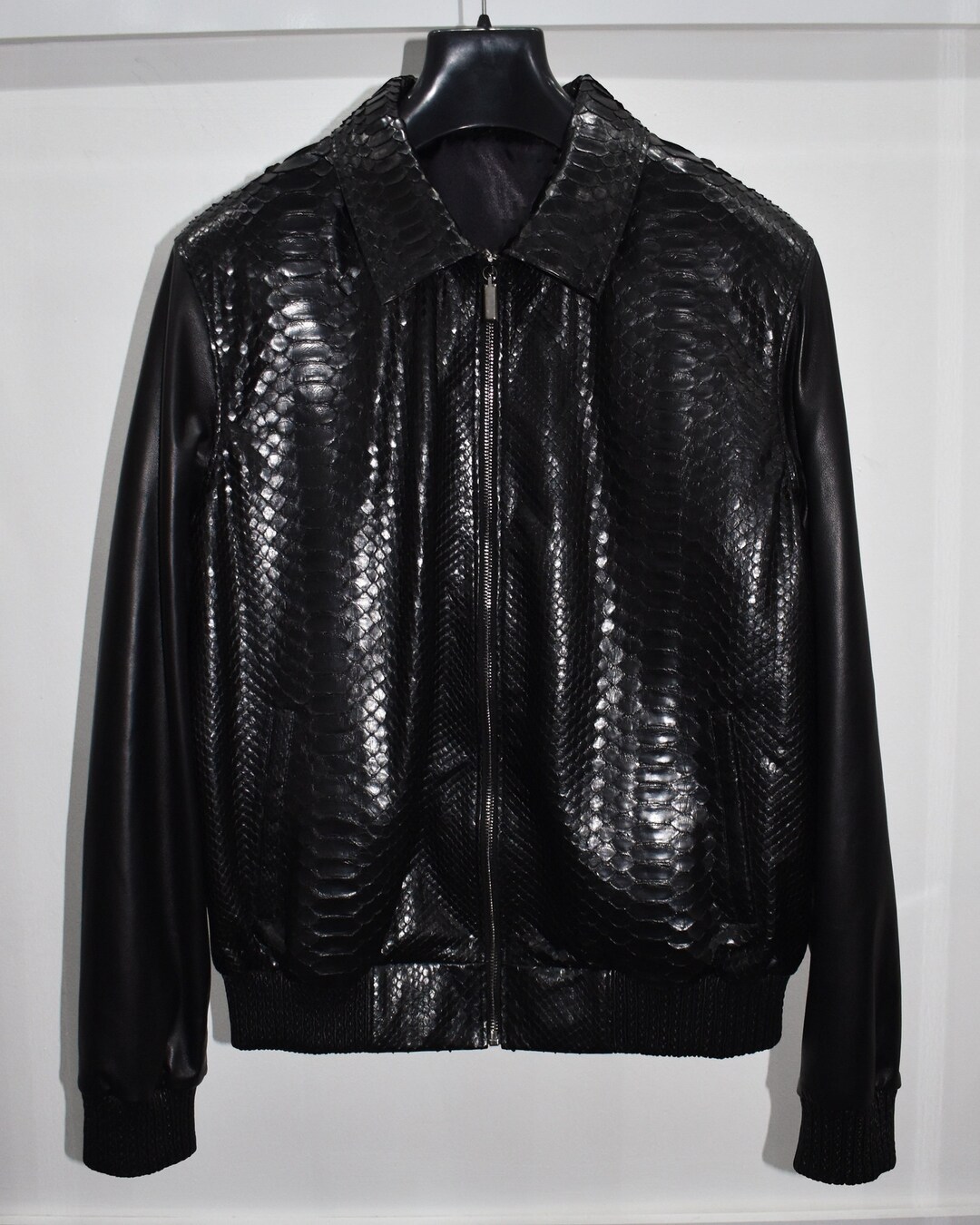 Men's Black Python Leather and Lambskin Combination Exotic Snake Skin ...
