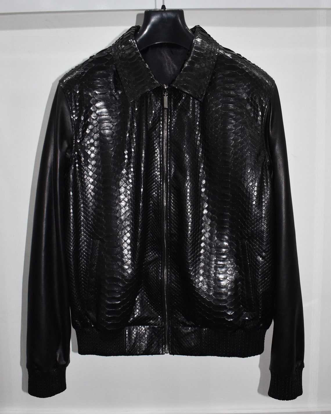 Men's Black Python Leather and Lambskin Combination Exotic Snake Skin ...