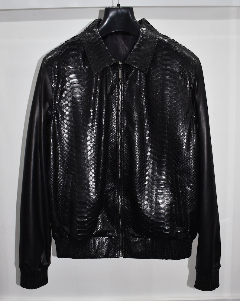 Men's Black Python Leather and Lambskin Combination Exotic Snake Skin ...