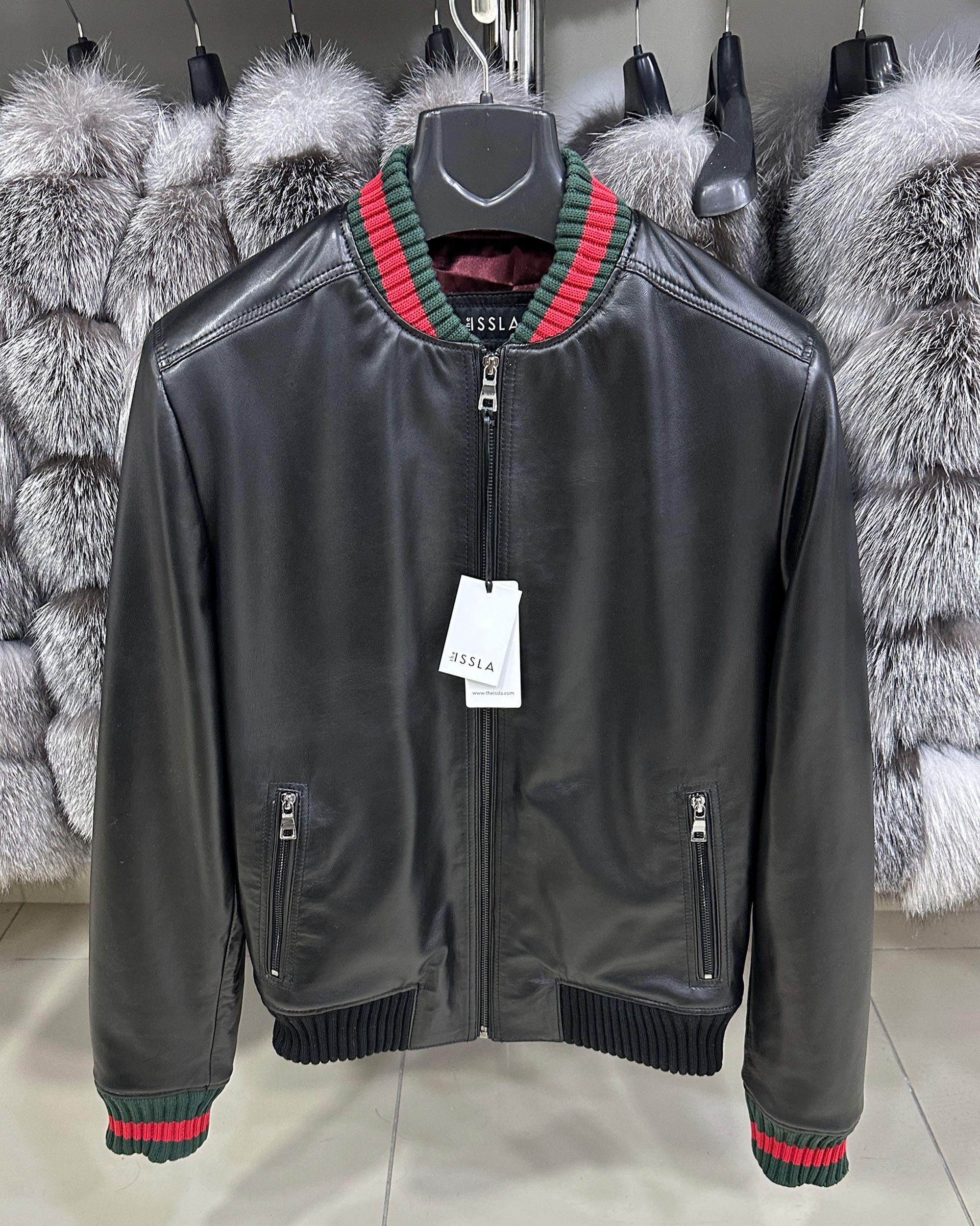 Men's Red Green Italian Colors Black Textured Genuine Leather Bomber ...