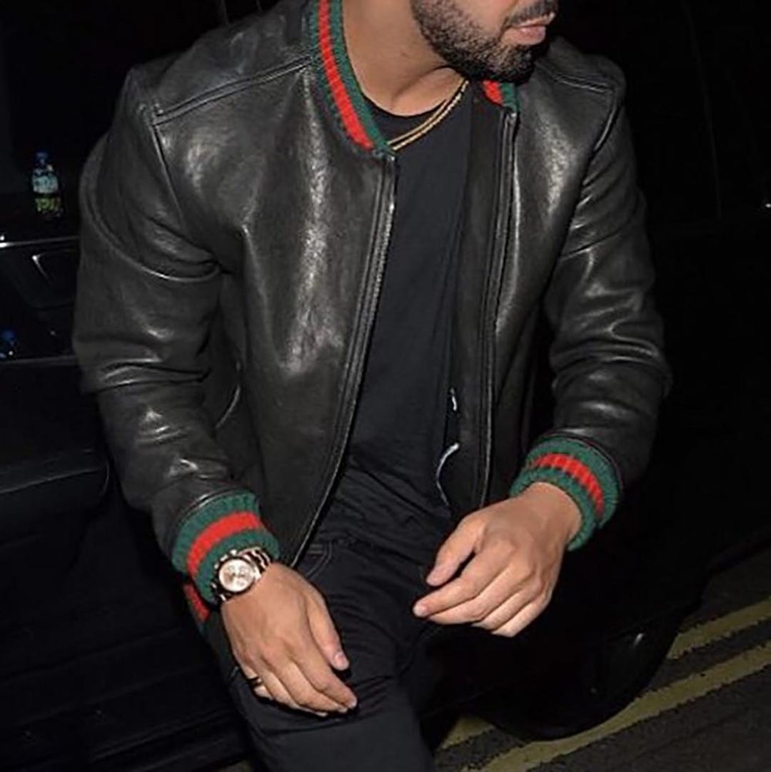 Men's Red Green Italian Color Stripes Black Textured Genuine Leather ...