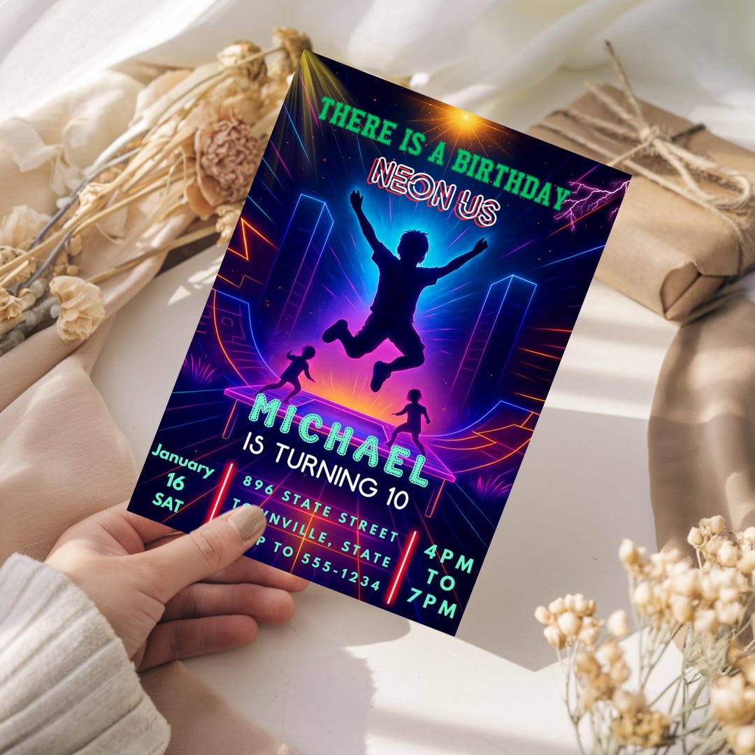 Neon Trampoline Jump Party Invitation Background | 5x7 Digital Download ...