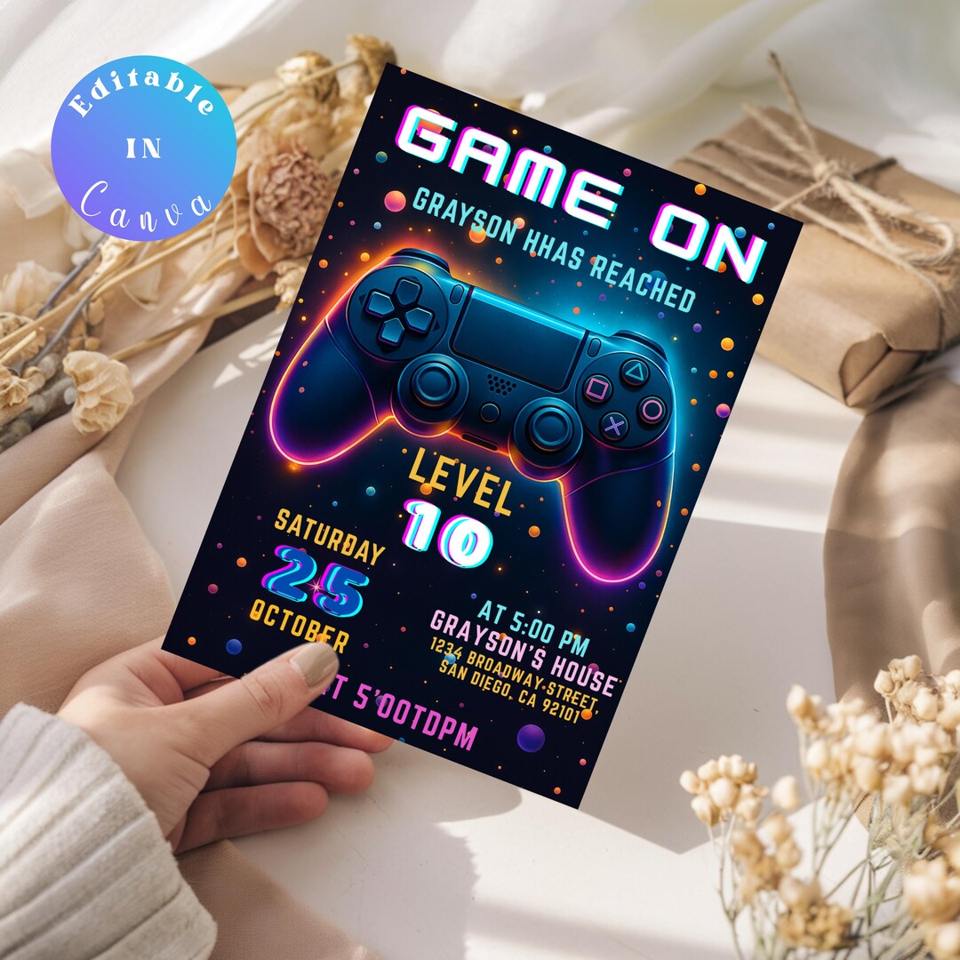 Level up Video Game Birthday Invitation, Neon Arcade Party (editable ...