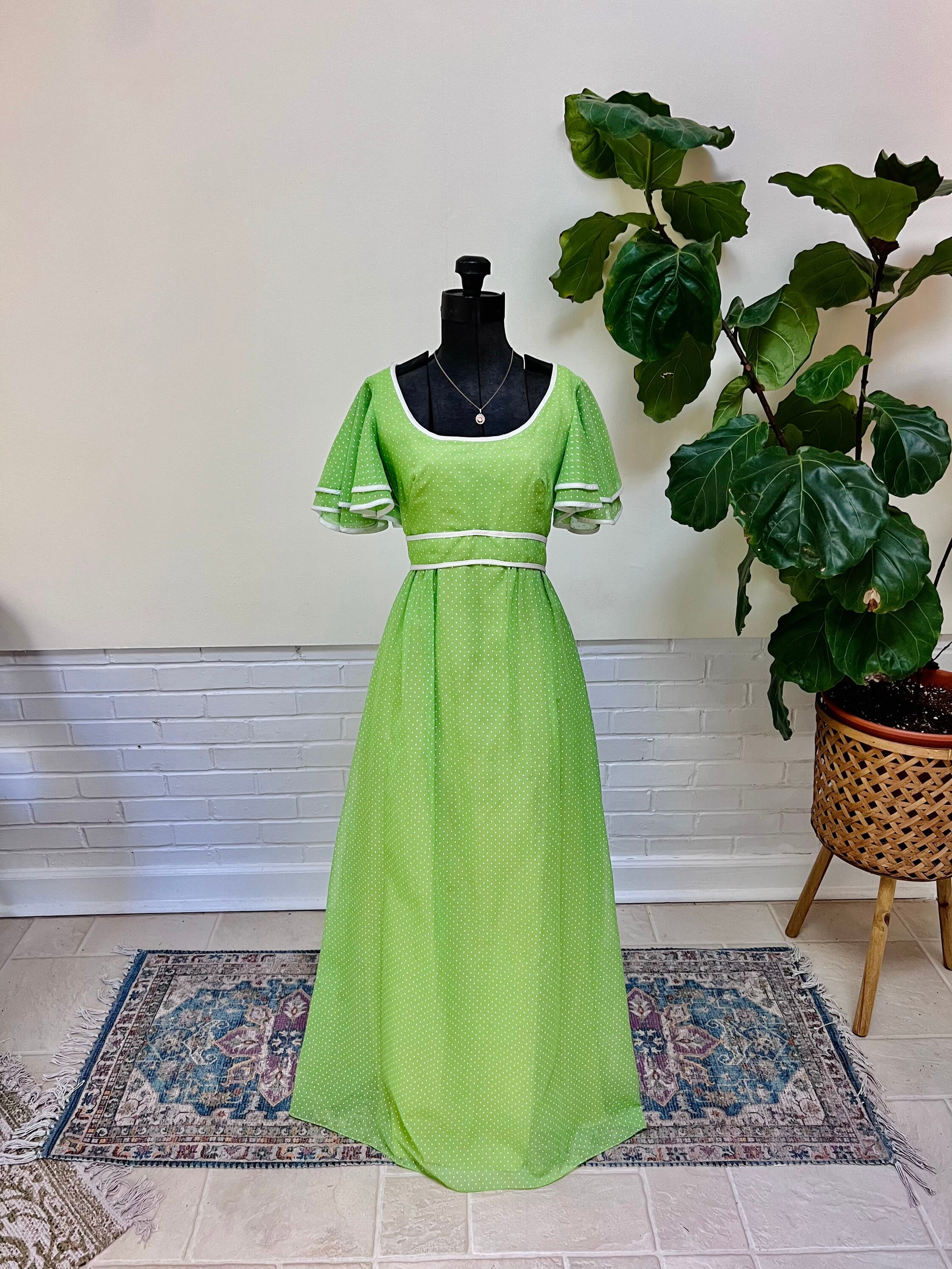 1960s Miss Elliette California Polka Dot Flutter Sleeve Green - Etsy