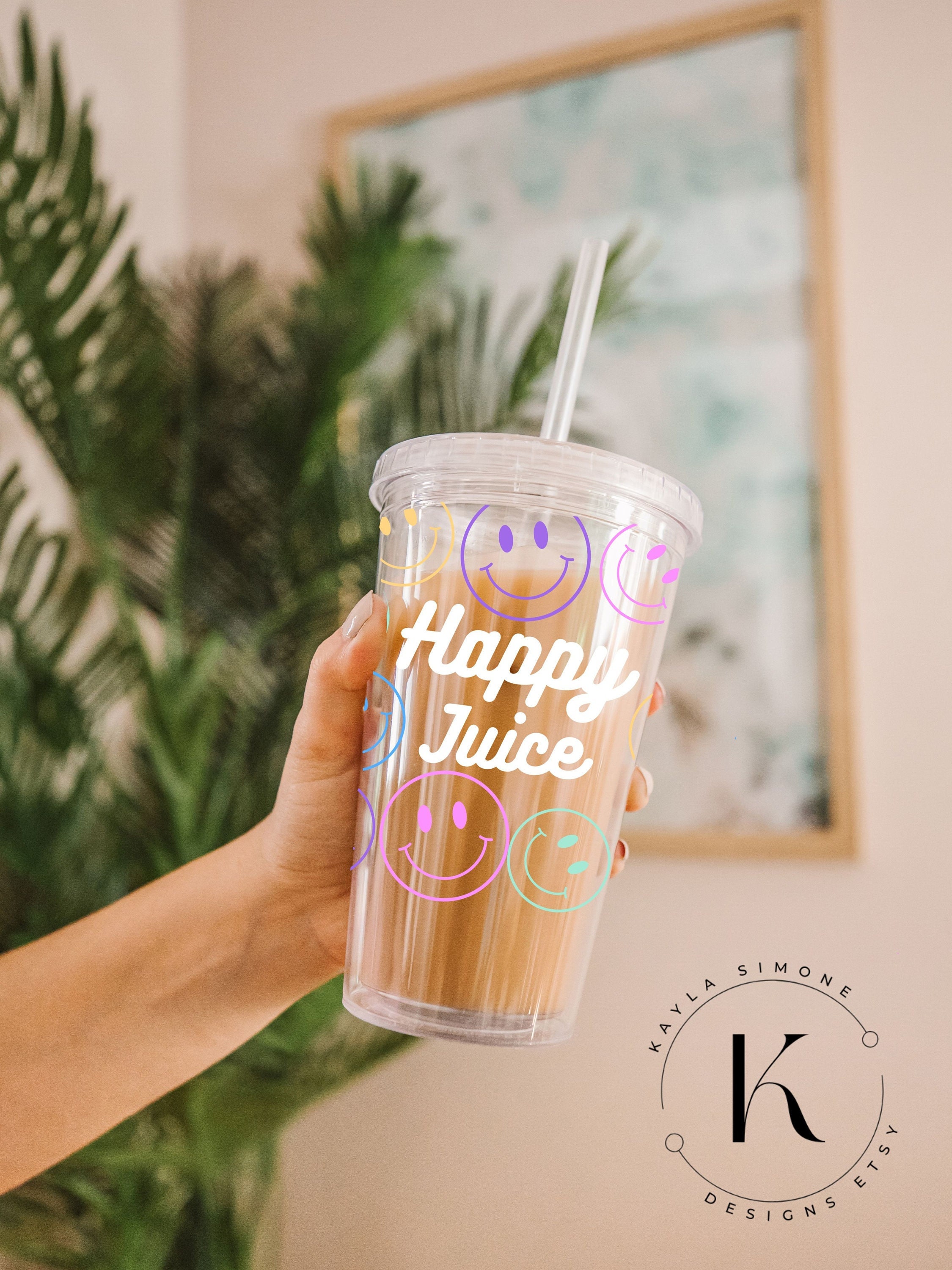 HAPPY JUICE Smiley Face Tumbler | 16oz Acrylic Tumbler | 16oz Cold Cup ...