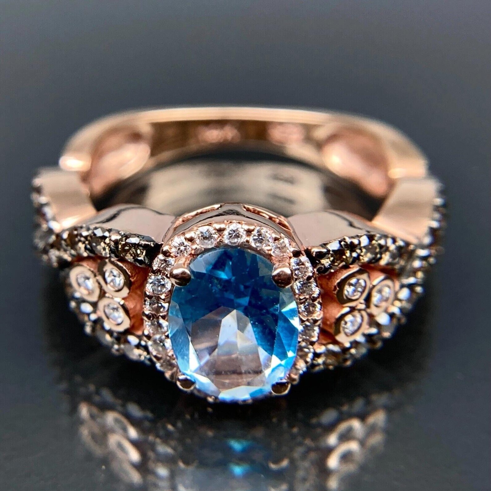 14k White Champagne Diamond & Blue Topaz Halo Rose Gold Ring Size 6 - Etsy