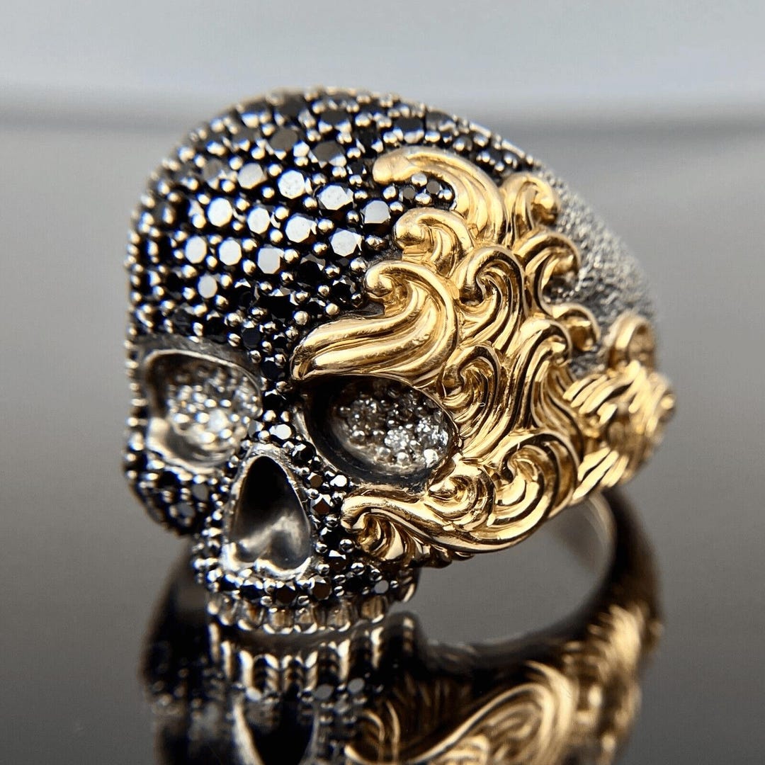 David Yurman Silver 18k Yellow Gold Pavé Black Diamond Skull Waves Ring ...