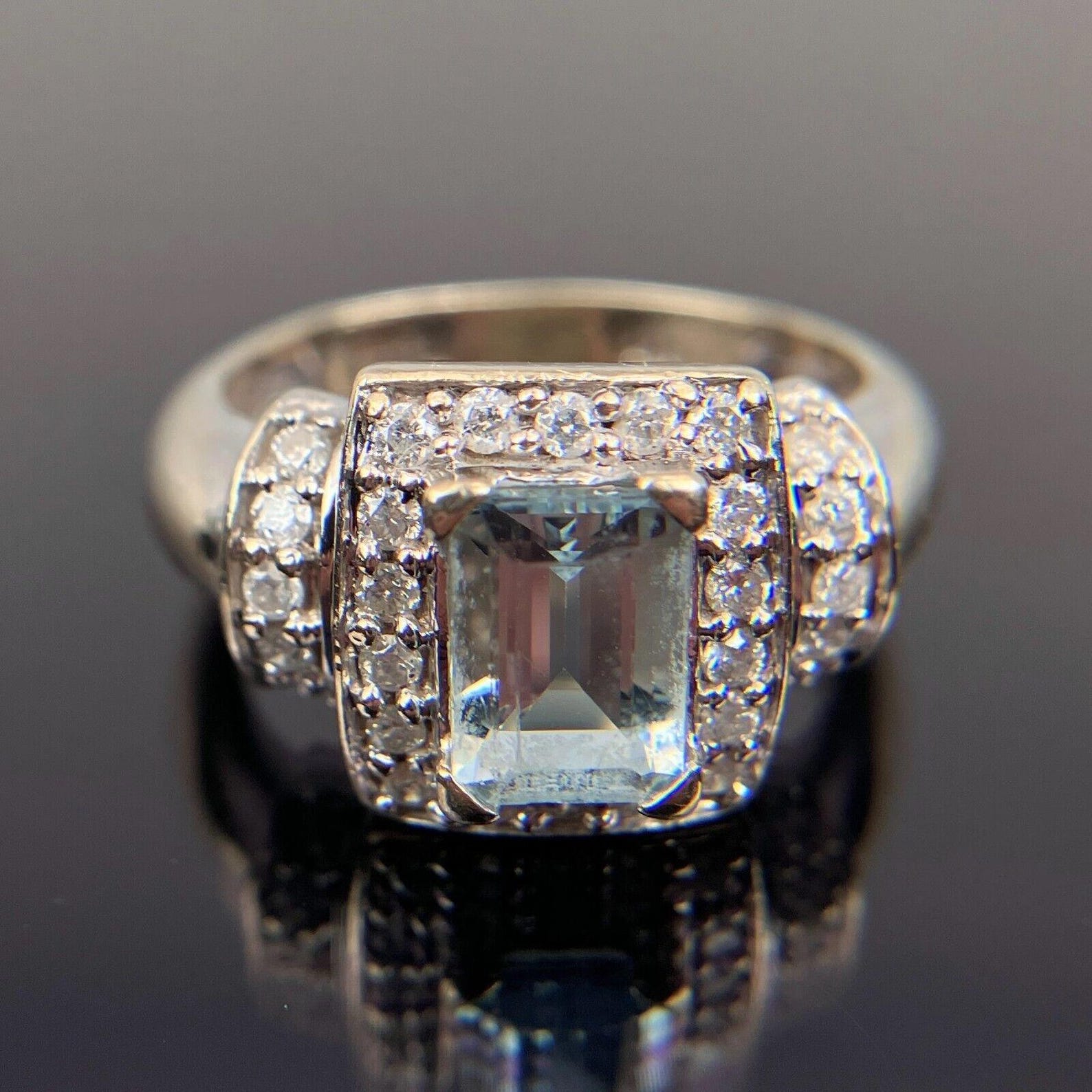 EFFY BITA 14k Diamond & Emerald-cut Aquamarine White Gold Halo Ring Size 4 - Etsy