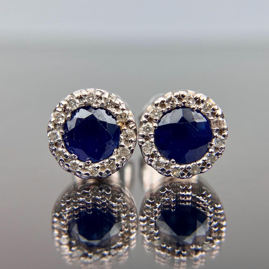 EFFY BH 14k White Gold Diamond & Sapphire Halo Stud Earrings - Etsy